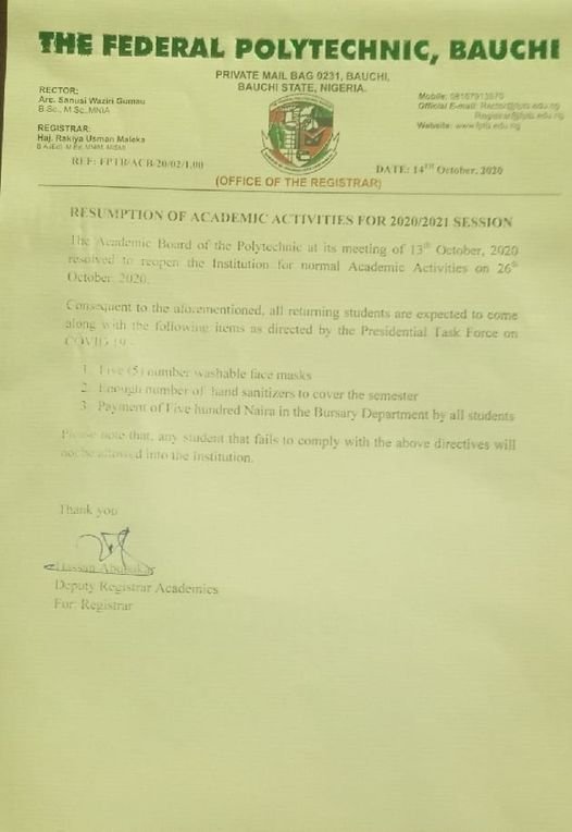 Fed Poly Bauchi Resumption Date for 2nd Semester Announced