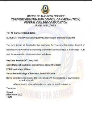 FCE Zaria TRCN Professional Qualifying Examination Internal (PQEI) for 2024