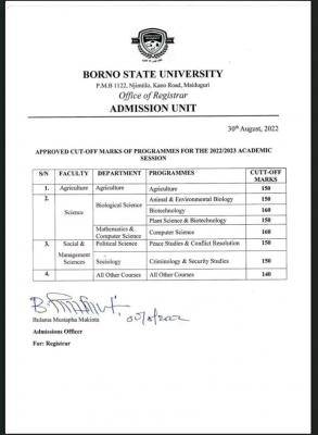 Borno State University (BOSU) Approved Cut-off Marks for 2022/2023 ...